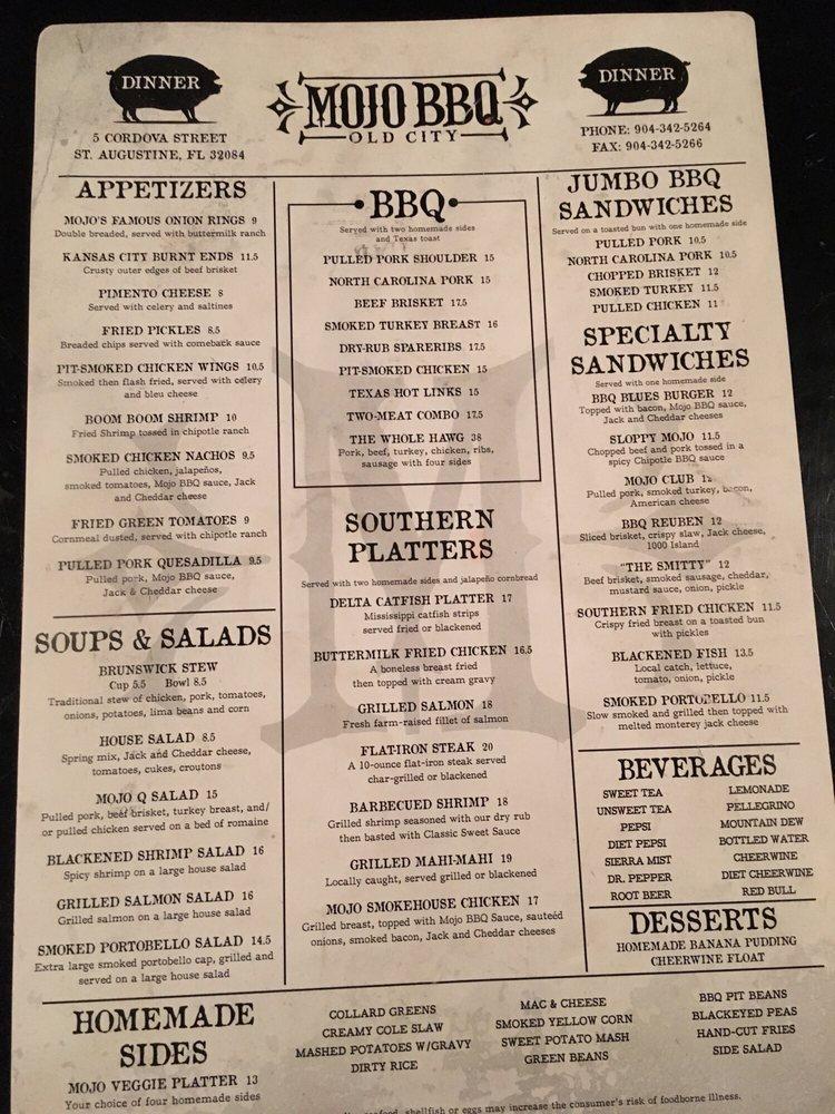 Menu at Mojo Old City BBQ, St. Augustine
