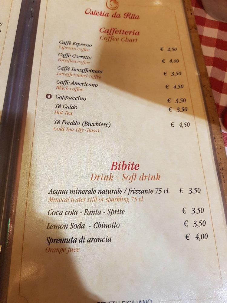 Menu at Osteria da Rita (dal 1991) restaurant, Taormina