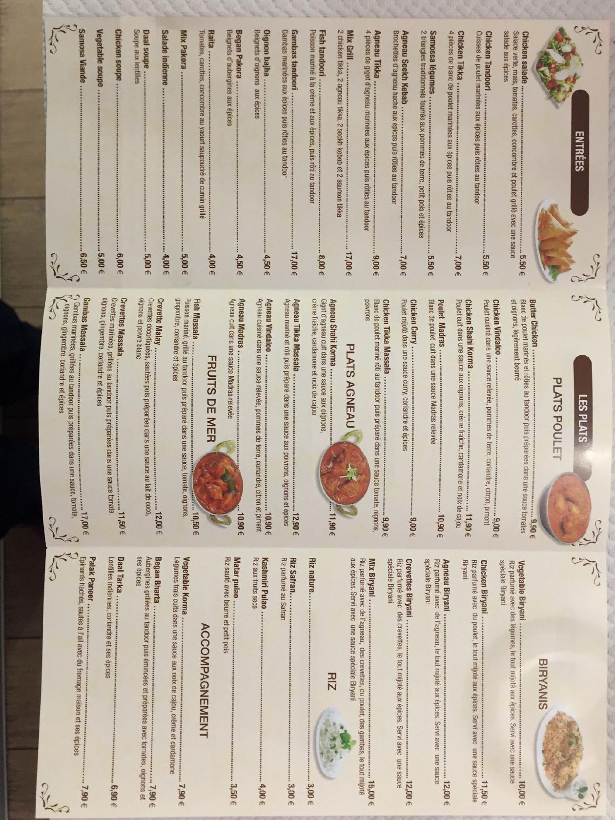 Menu at Palace Indian restaurant, Cambrai