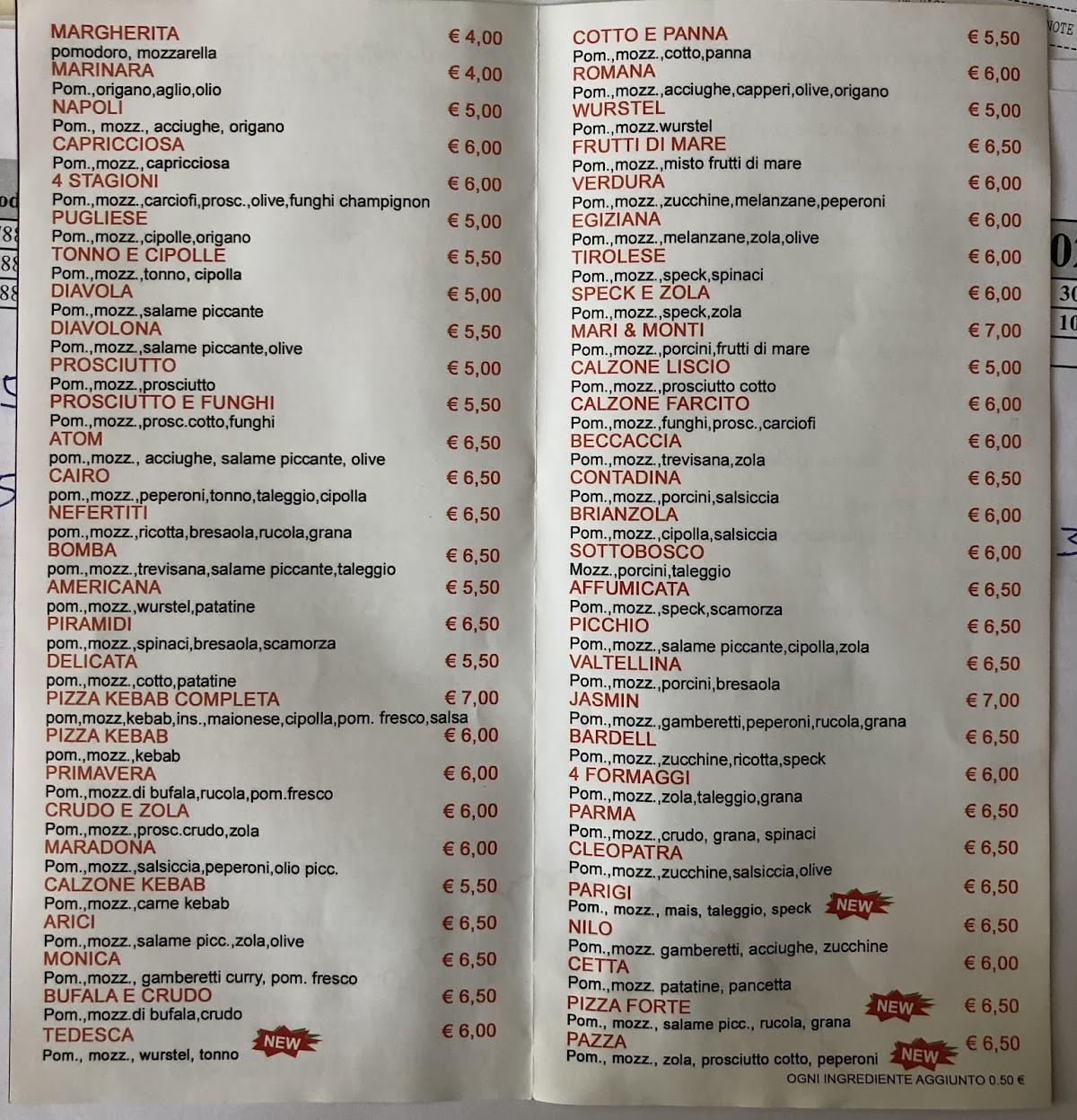 Menu at Pizzeria Jasmin, Bardello