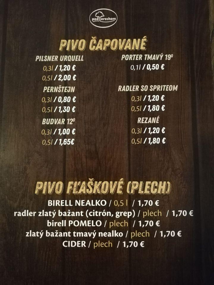 Menu at Pod Orechom restaurant, Prievidza