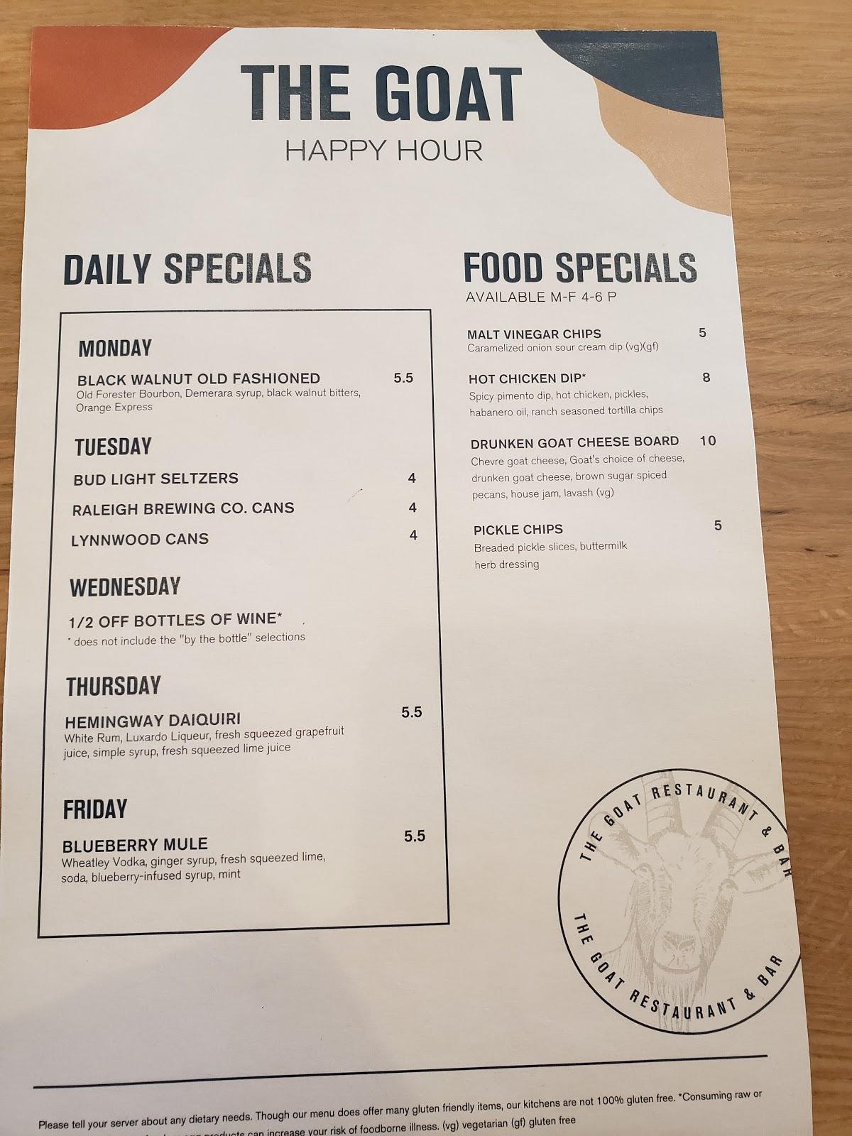 Menu at The Goat Durham pub & bar, Morrisville