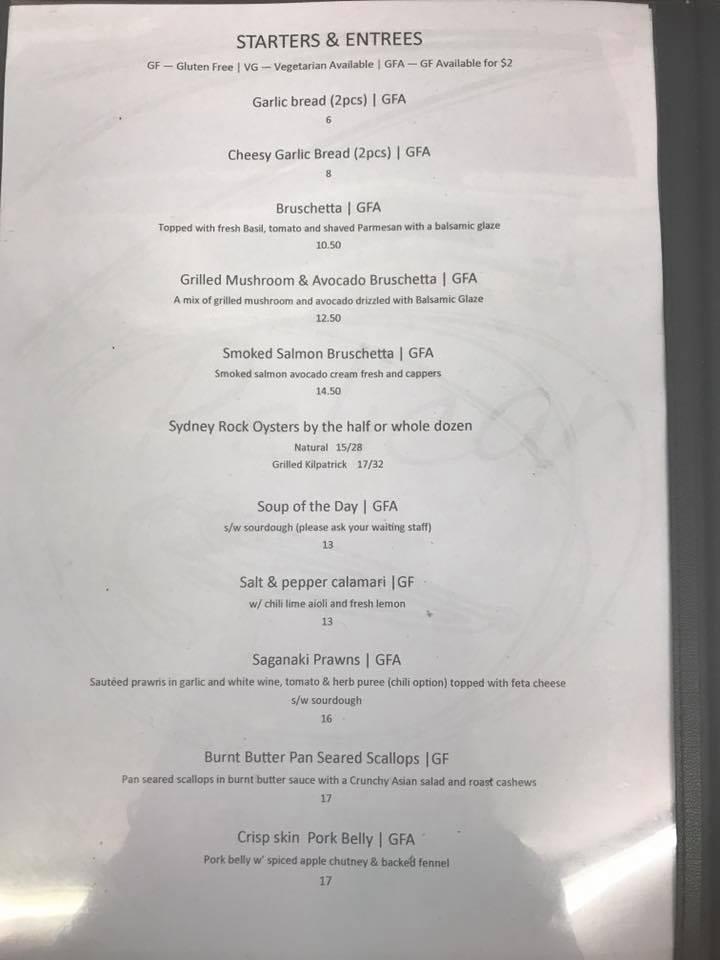 Menu at The Pelican Waterfront Cafe & Restaurant, Saint Georges Basin