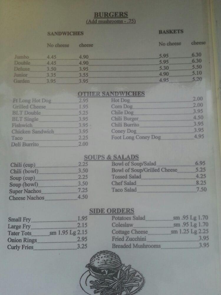 Menu at Burger Hut cafe, Hubbard