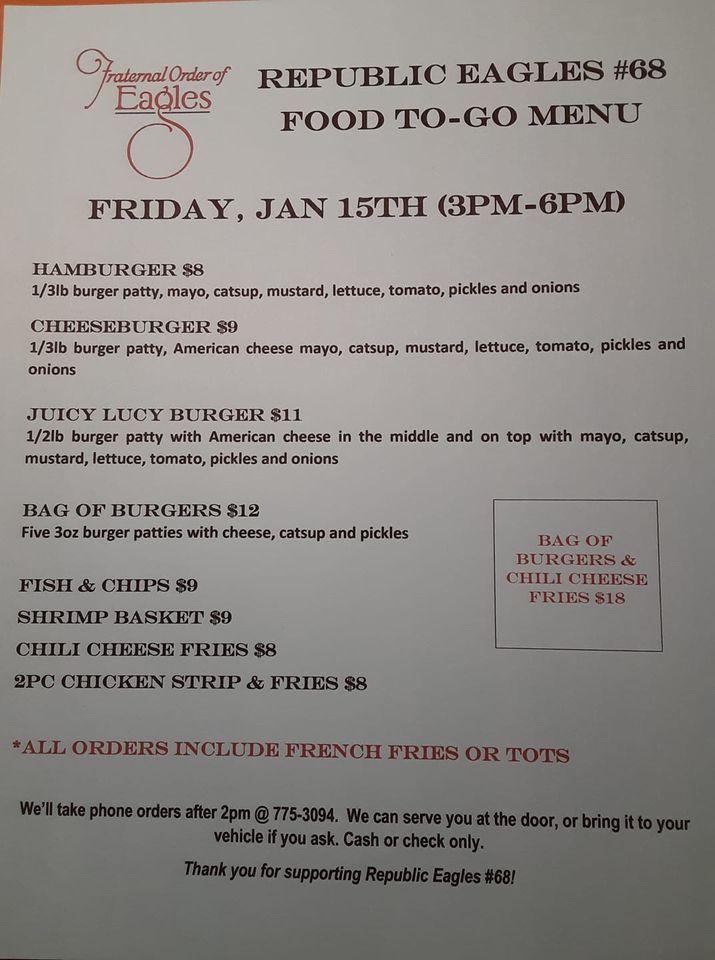 Menu at Fraternal Order of Eagle's #68 Republic, Wa, Republic