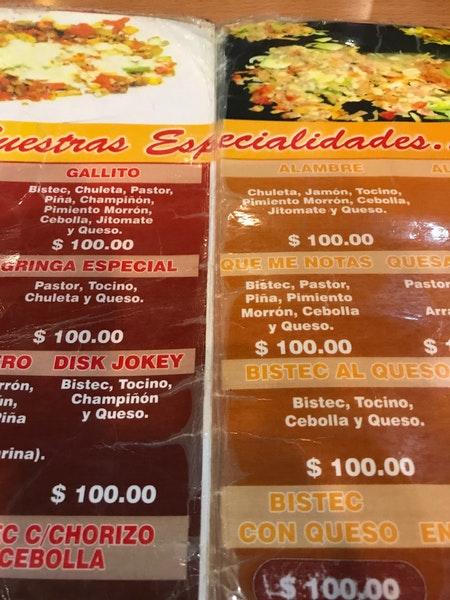 Menu at Los Tarascos restaurant, Acapulco