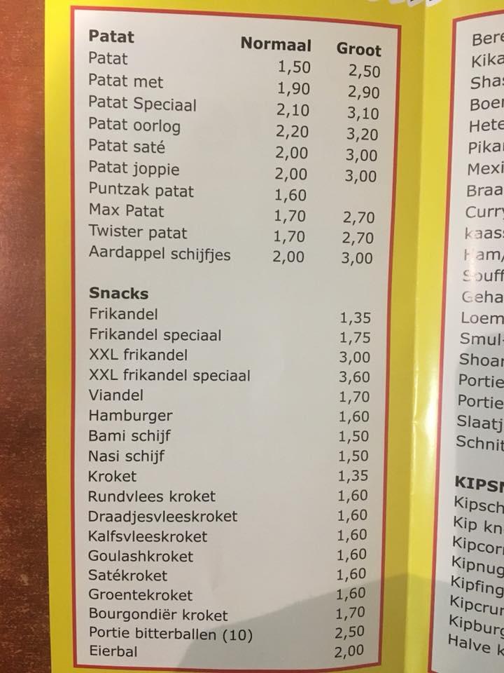 Menu at Snackbar Bij De Brugge, Erica