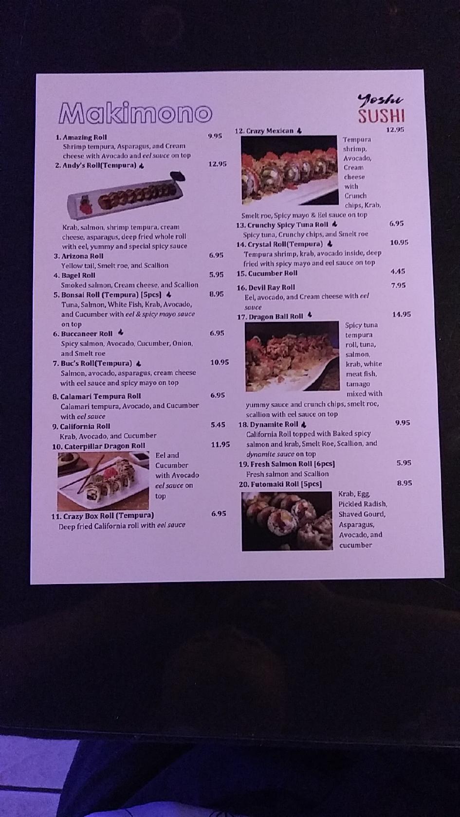 Menu at Yoshi Sushi restaurant, Tampa
