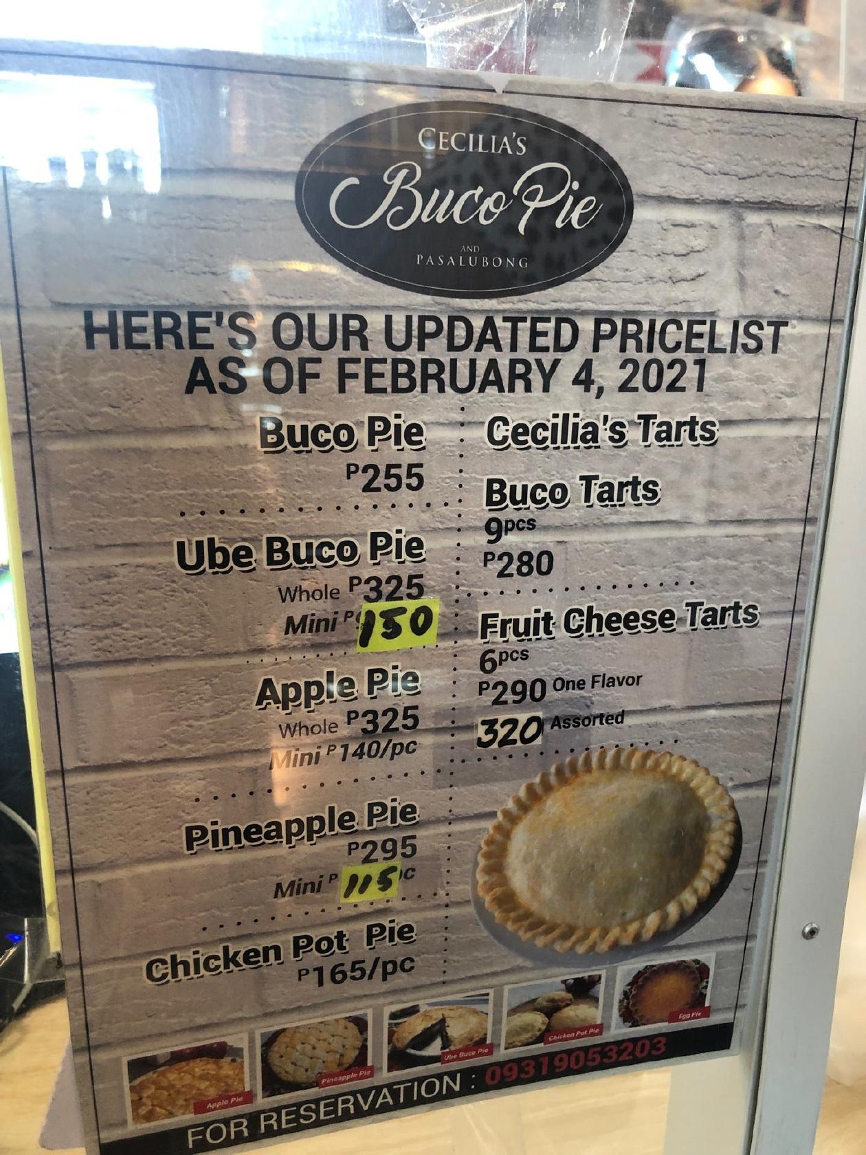 Menu at Cecilia's Buco Pie, Tarts and Pasalubong desserts, Tagaytay ...