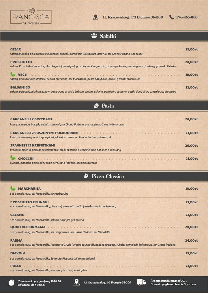 Menu at Francesca Pizzeria, Brzozów