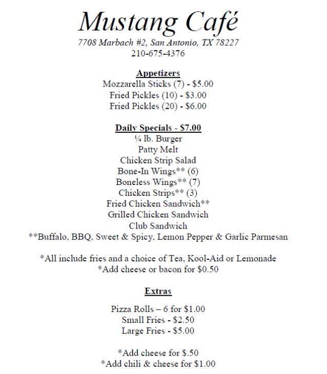 Menu at Mustang Cafe, San Antonio