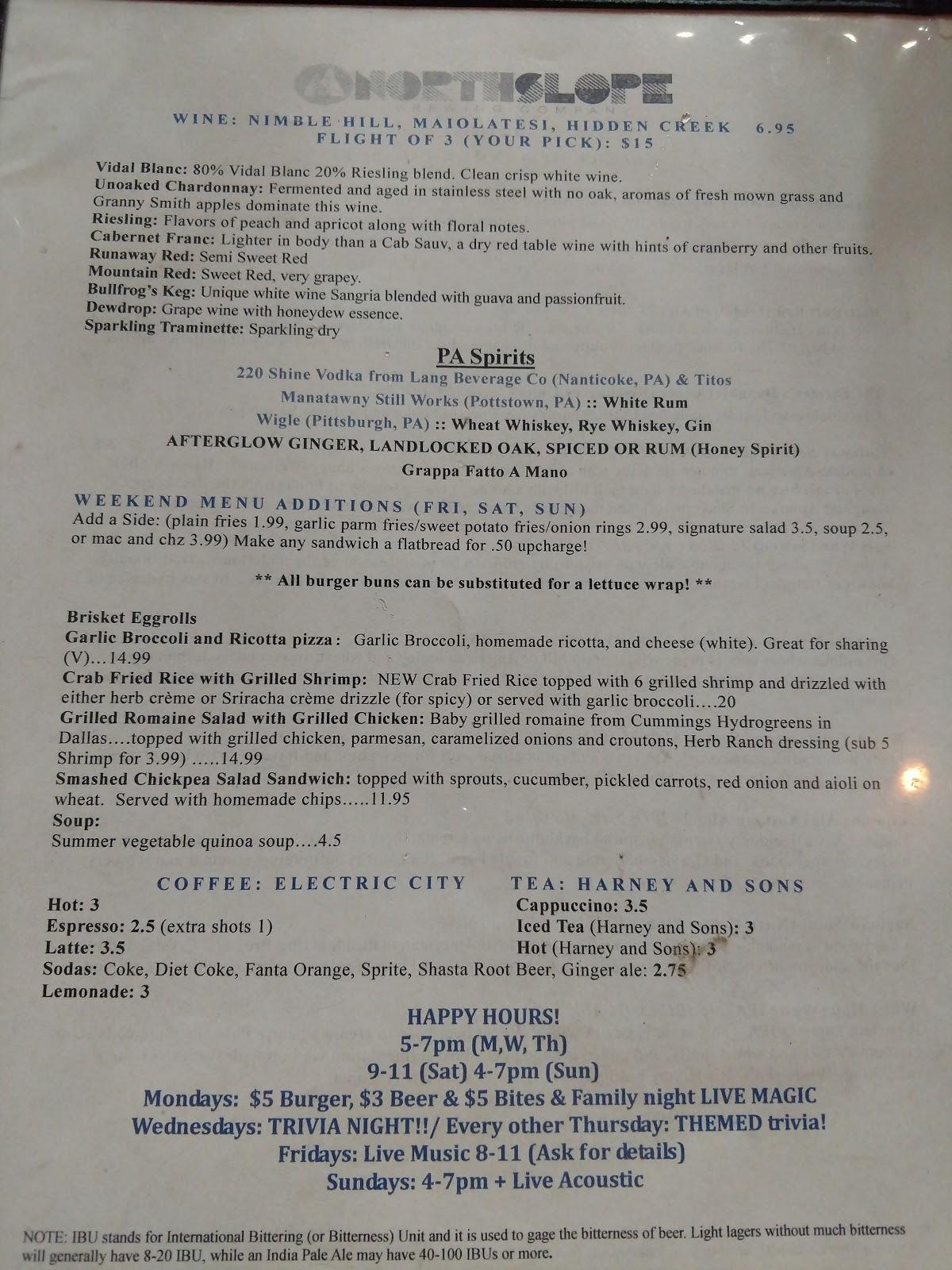 Menu at North Slope Pub and Eatery, Dallas, Route 309 Hwy
