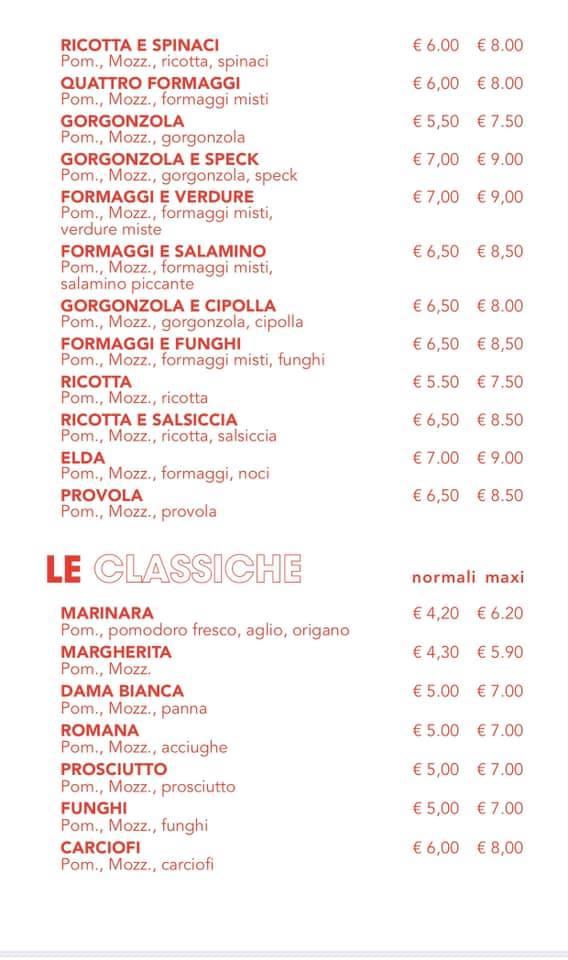Menu at Pizzarte pizzeria, Pederobba