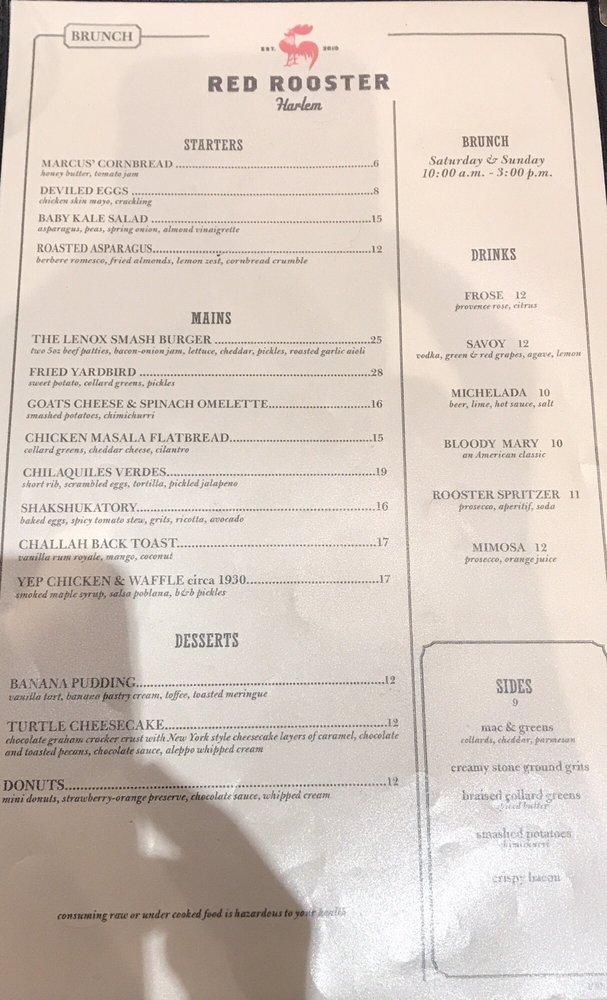 Menu at Red Rooster Harlem pub & bar, New York City, 310 Lenox Ave