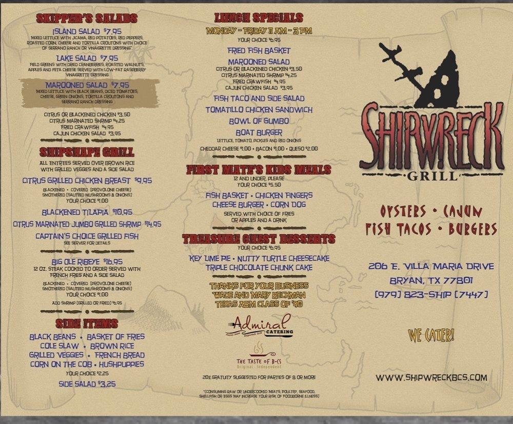 Menu at Shipwreck Grill pub & bar, Bryan