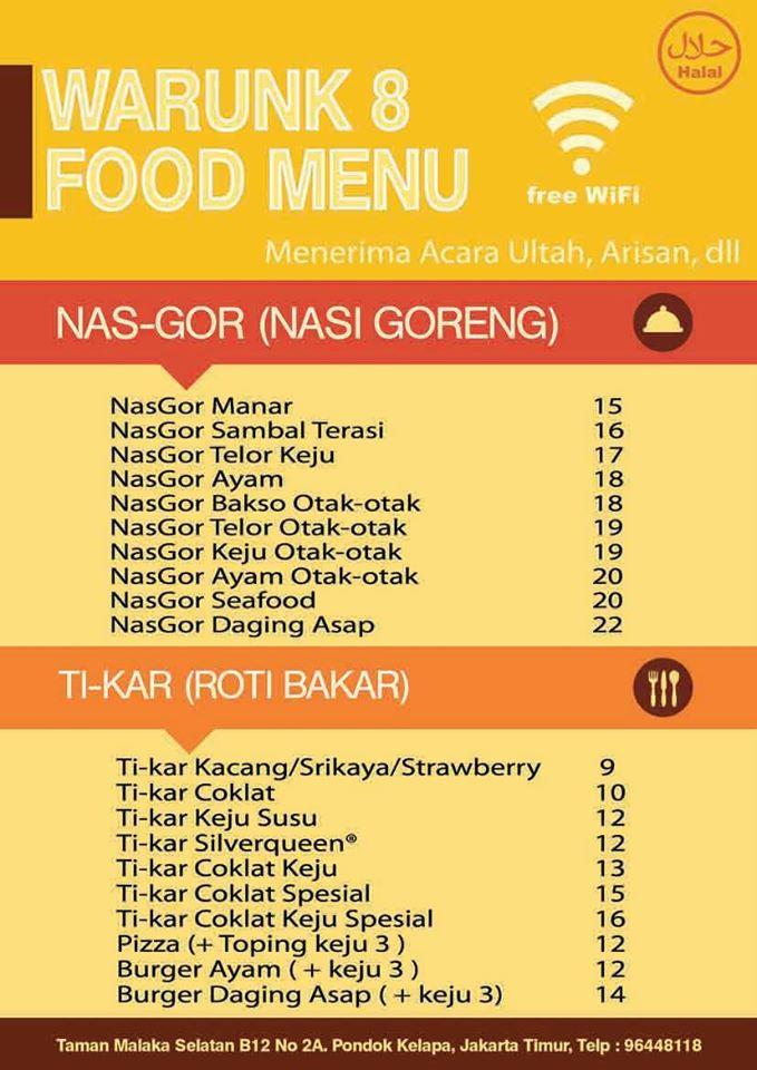 Menu at Warunk 8 restaurant, East Jakarta, Pondok Kelapa