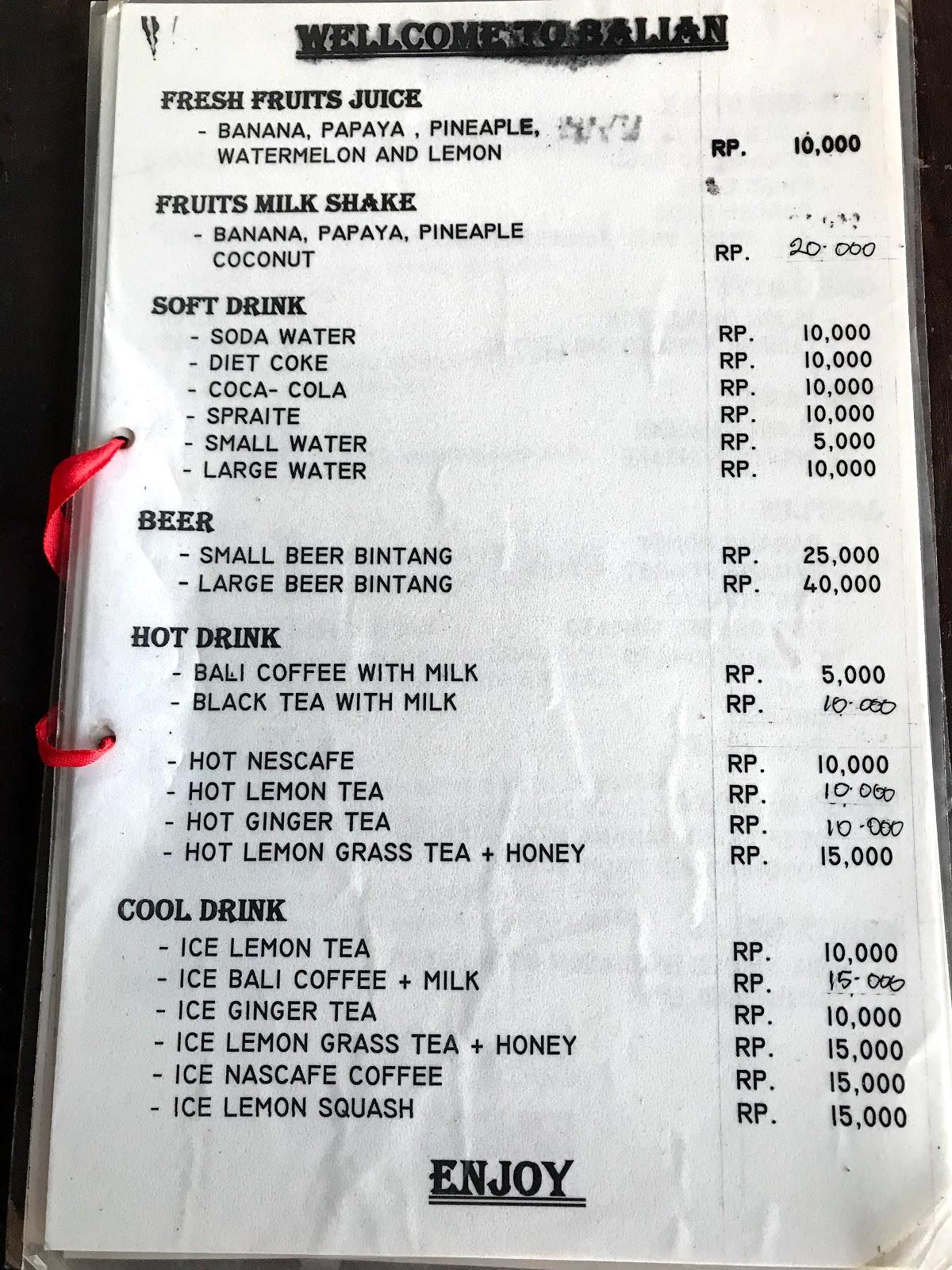 Menu at Balian Beach Cafe, Lalanglinggah