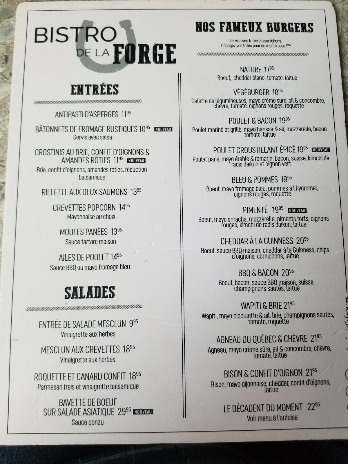 Menu au Bistro de la Forge pub et bar, Rimouski, 31 Rue St Germain E