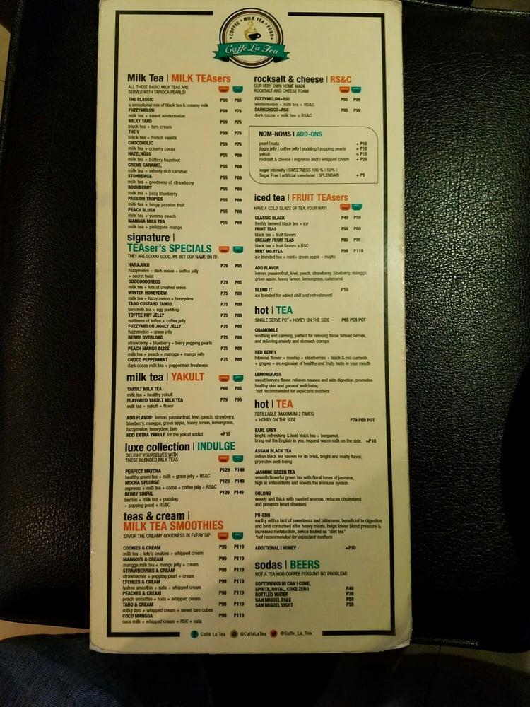 Menu at Caffe La Tea cafe, Cabanatuan City, KM 511