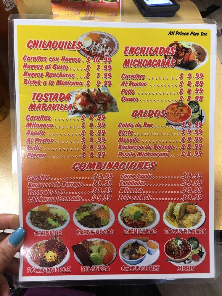 Menu at Carnitas Las Michoacanas restaurant, San Diego, University Ave