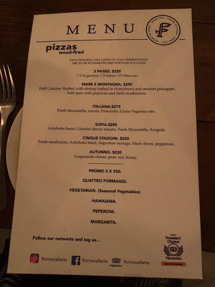 Menu at Florios Downtown pizzeria, Puerto Vallarta, Galeana 185