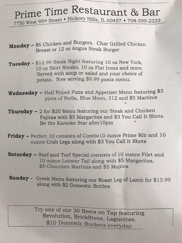 Menu at Prime Time Restaurant, Hickory Hills
