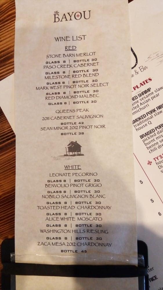Menu at The Bayou restaurant, Bethlehem