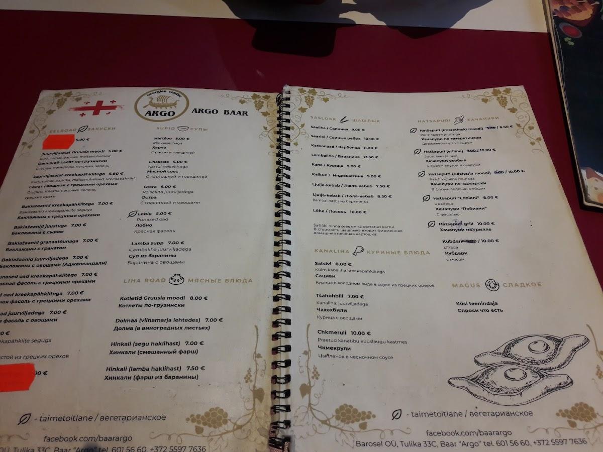 Menu at Argo baar restaurant, Tallinn, Tulika 33
