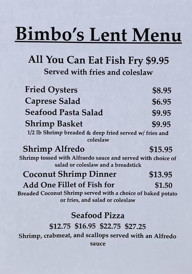 Menu at Bimbo's Octagon pizzeria, Side Lake, Hwy 5
