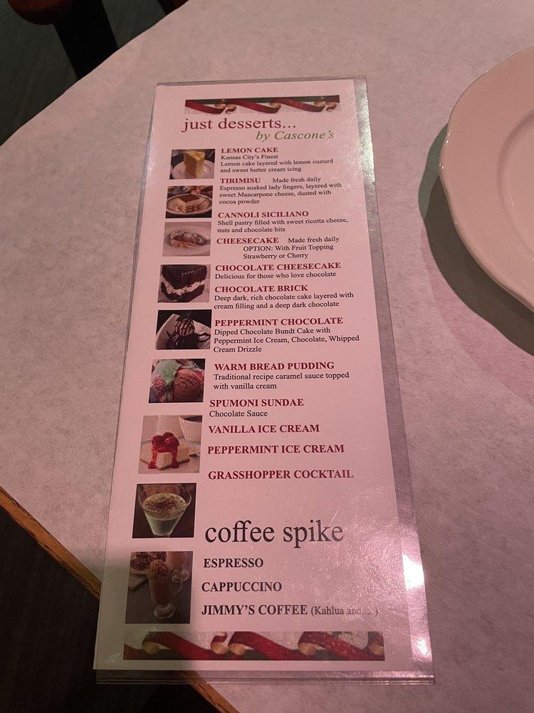 Menu at Cascone's restaurant, Kansas City, N Oak Trafficway