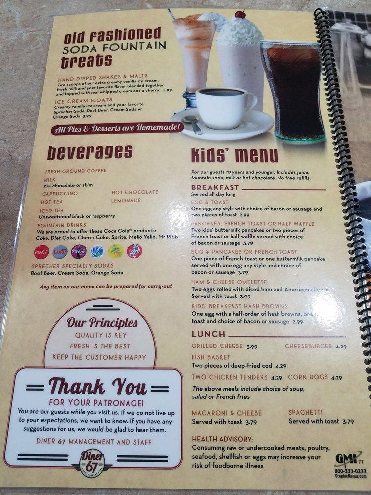 Menu at Diner 67 restaurant, Lomira