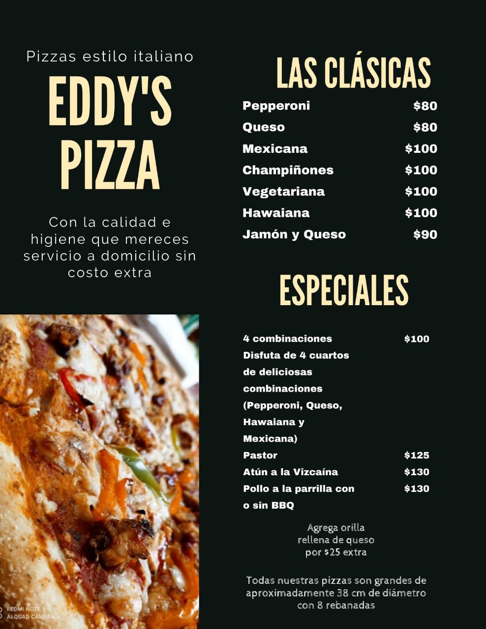 Menu at Eddy's pizza restaurant, Pachuca