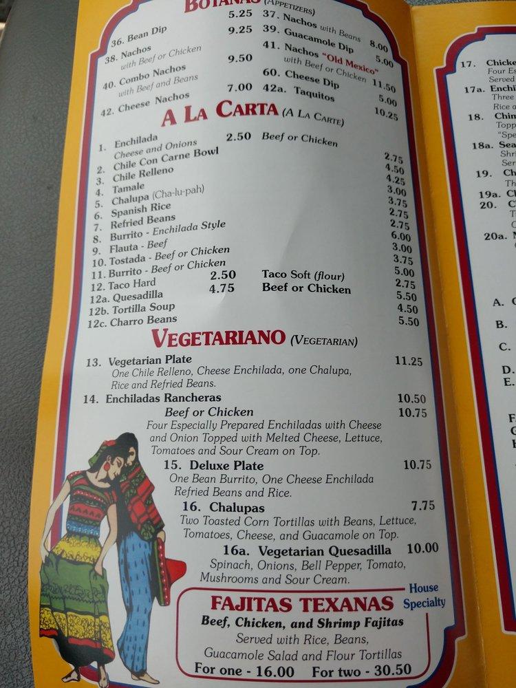 Menu at El Mexicano restaurant, New Iberia