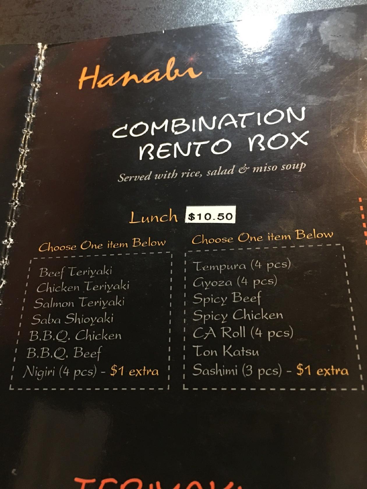 Menu at Hanabi Sushi restaurant, Concord