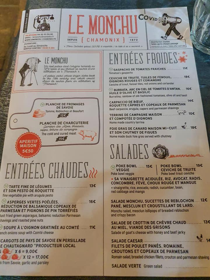 Menu at Le Monchu restaurant, Chamonix