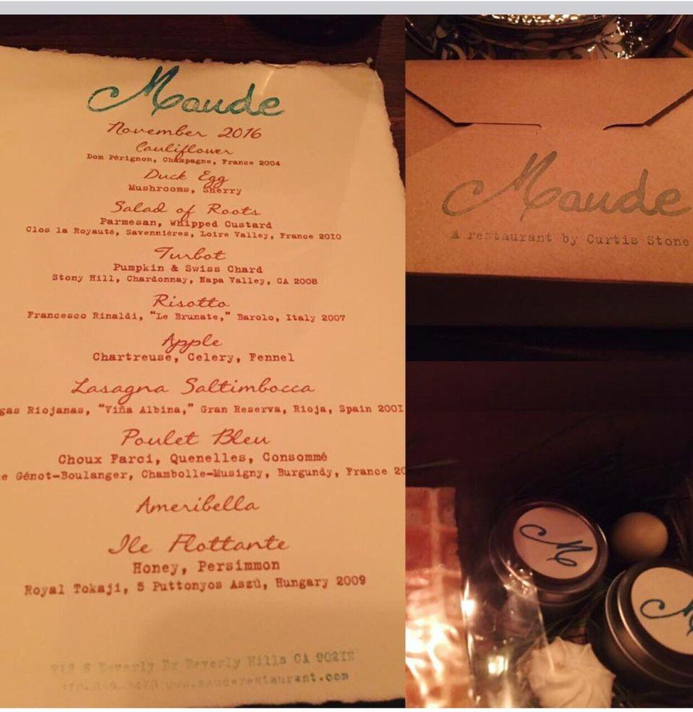 Menu at Maude restaurant, Beverly Hills