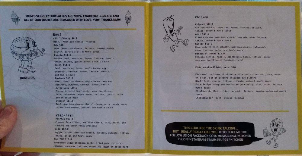 Menu at Mum's Burger Kitchen restaurant, Boronia