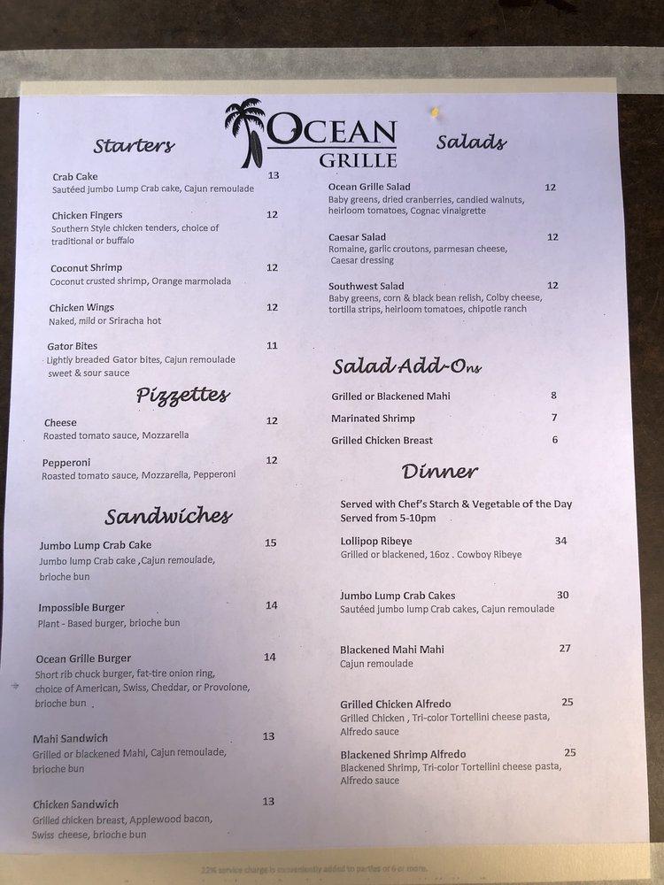 Menu at Ocean Grille restaurant, Melbourne, N Hwy A1A