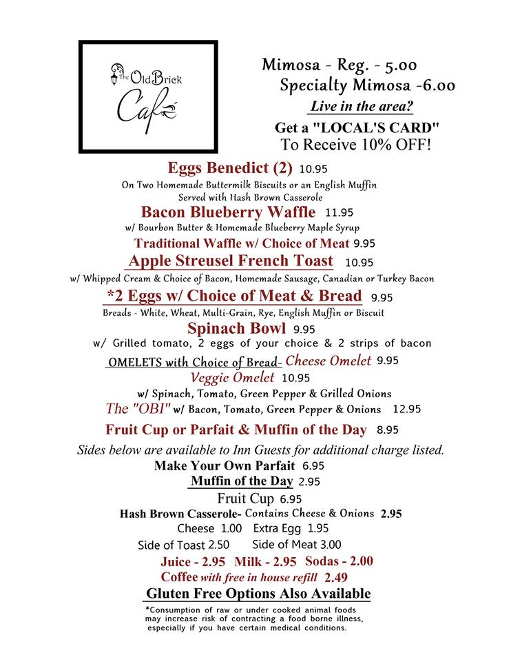 Menu at Old Brick Cafe, Saint Michaels