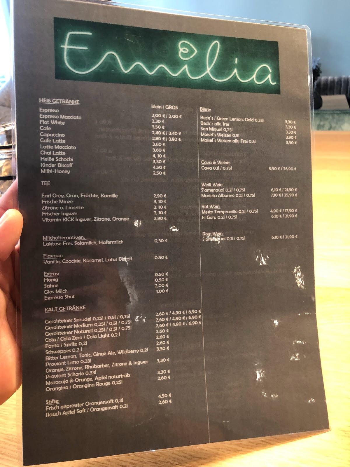 Menu at Emilia RUE restaurant, Essen