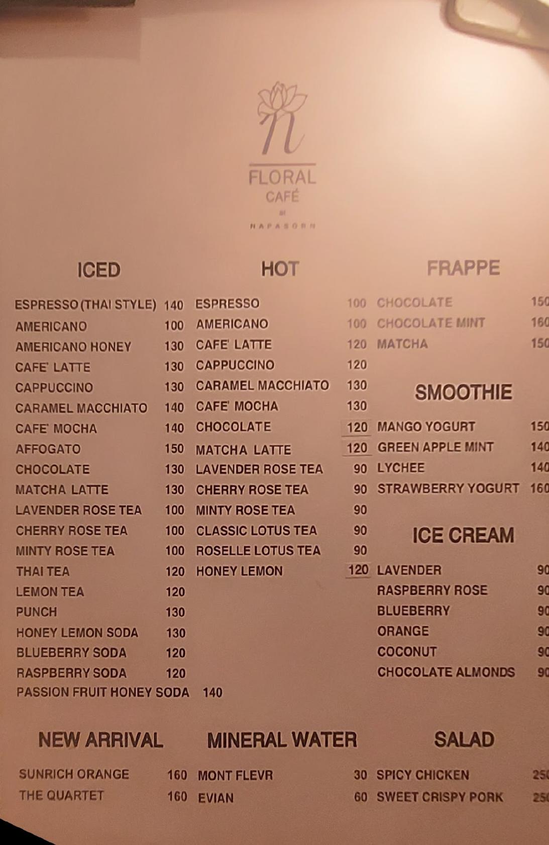 Menu at Floral Café at Napasorn cafe, Bangkok