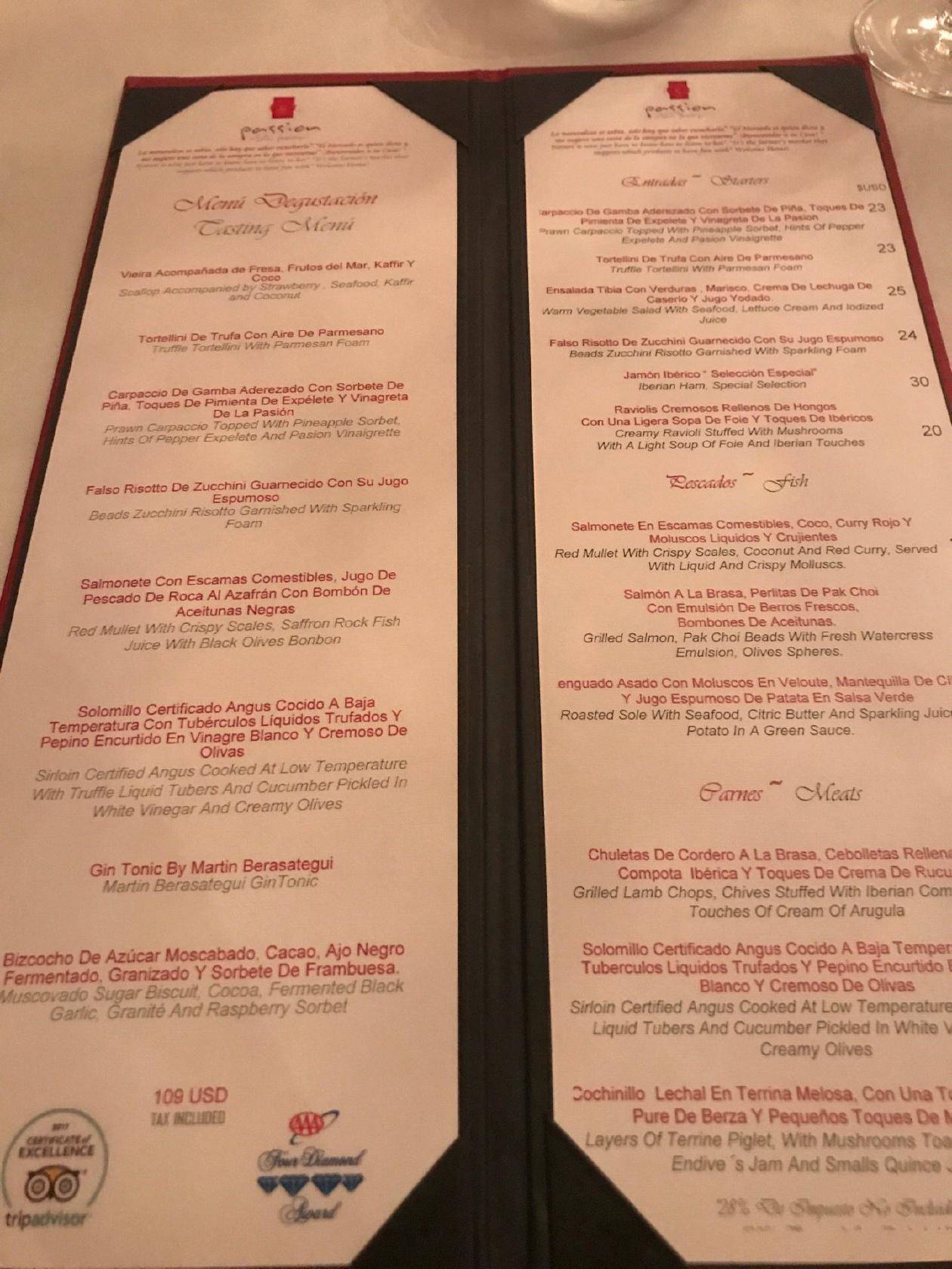 Menu at Passion Restaurant, Punta Cana