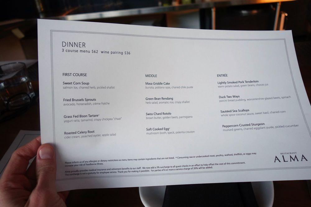 Menu at Alma cafe, Minneapolis, 528 University Ave SE