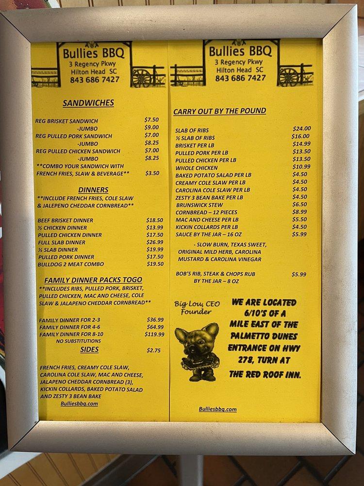 Menu at Bullies BBQ, Hilton Head Island