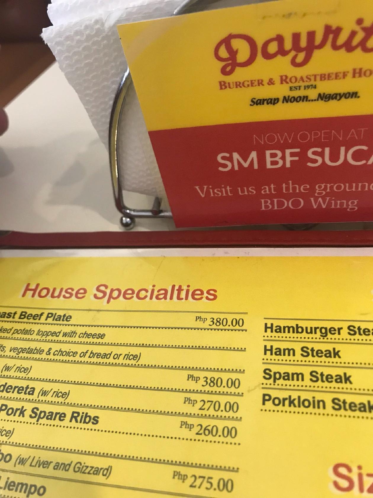 Menu at Dayrit's Burger & Roast Beef House restaurant, Makati