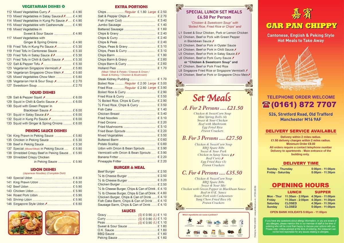 Menu at Gar Pan restaurant, Manchester, 526 Stretford Rd