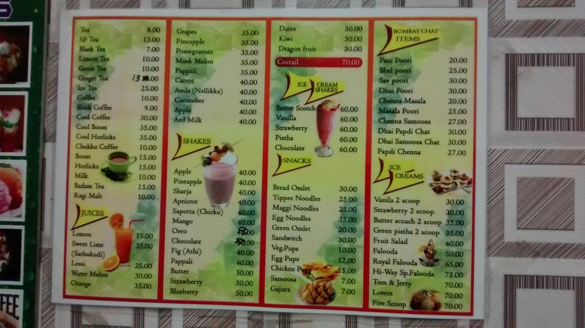 Menu at Hi-Way Snacks, Agaramthen, Kelambakkam - Vandalur Road