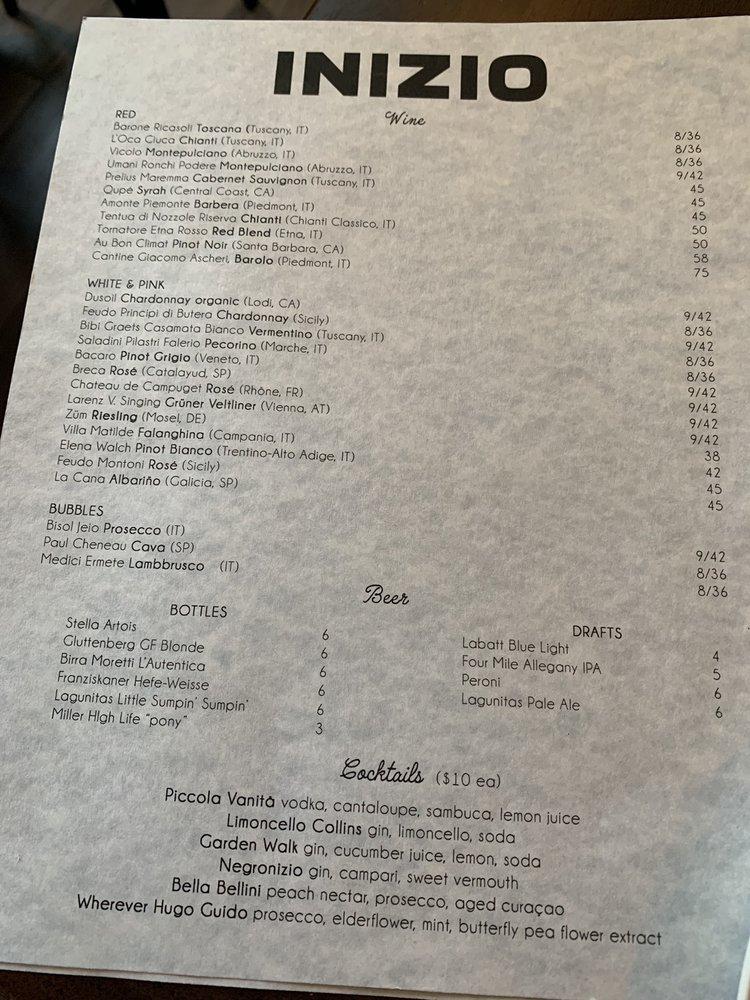 Menu at INIZIO restaurant, Buffalo