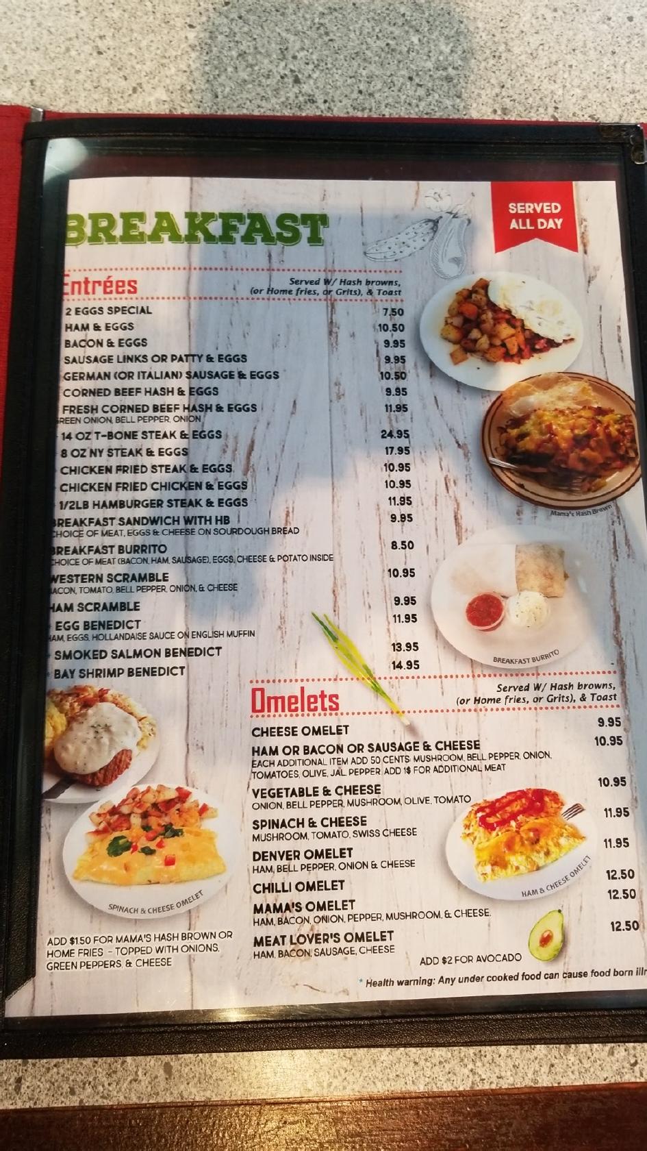 Menu at Mama's Table restaurant, Santa Clarita