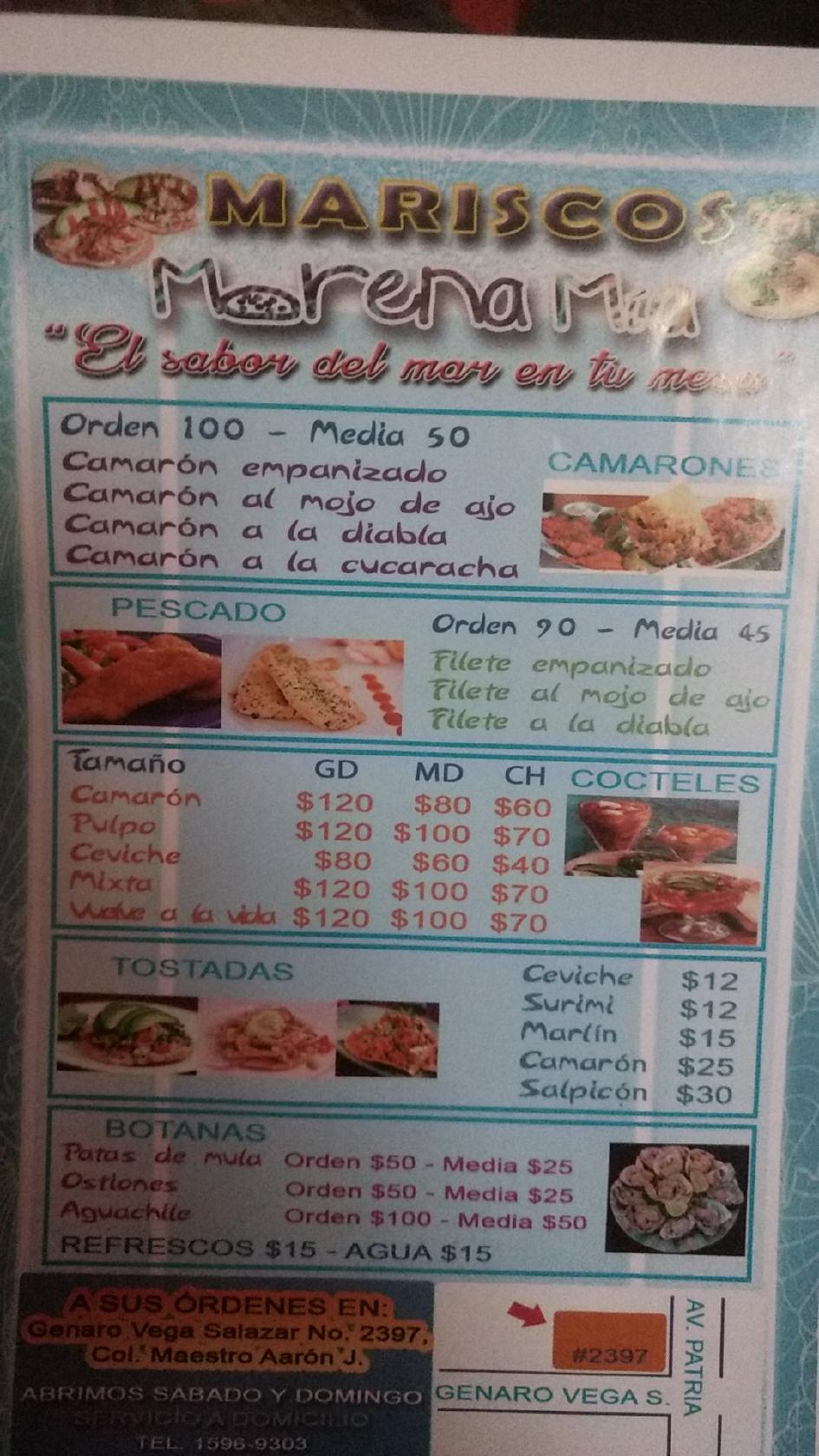 Menu at Mariscos Morena Mia restaurant, Guadalajara